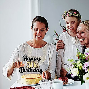 AROKIPPRY Black Gold Glitter Happy 50th Birthday Cake Topper,Happy 50 Birthday Cake Decoration for 50 & Fabulous Birthday,Hello 50 Party Anniversary Party Cake Decorations Supplies