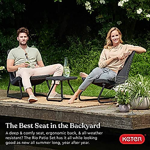 Keter Rio 3 Piece Resin Wicker Patio Furniture Set with Side Table and Outdoor Chairs, Dark Grey & Solana 70 Gallon Storage Bench Deck Box for Patio Furniture, Front Porch Decor