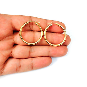 10k Yellow Gold 3mm Shiny Round Tube Hoop Earrings, Diameter 30mm