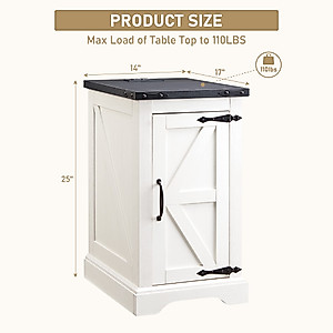 JXQTLINGMU Nightstand with Charging Station, Rectangular Farmhouse End Table with Barn Door and Adjustable Storage Shelf, 17" Deep Wood Rustic Sofa Side Table for Living Room, Bedroom, White