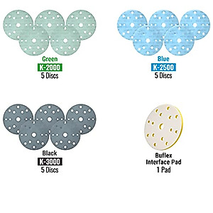 Eagle Abrasives Super Buflex Flexible Polishing Discs Starter Kit, SP19360, K2000 - K3000, 15 Holes, 15 Discs + 1 Interface Pad