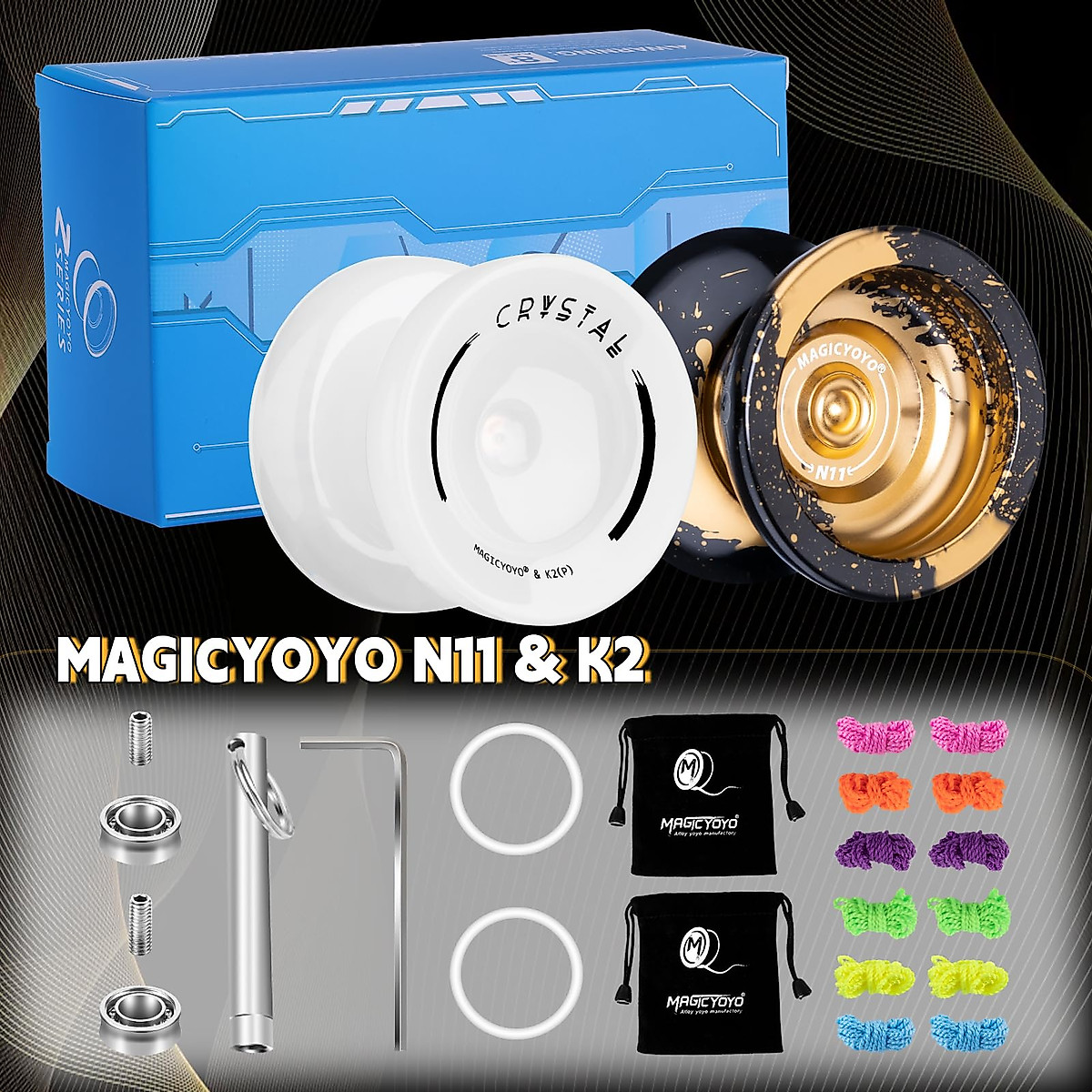 MAGICYOYO Pack of 2 Responsive Yoyos - N11 Black Golden Yoyo and K2 Snow White Fingerspin Yoyo for Kids Beginners, Dual Purpose Yoyos with Unresponsive Yoyo Bearings Kit, 2 Yoyo Bags, 12 Yoyo Strings