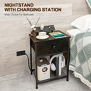 AMHANCIBLE Night Stand Set 2, Small Black Nightstand with Charging Station, End Side Tables Living Room with USB Ports & Outlets, Slim Bedside Table with Drawers for Bedroom HET03SDPBK