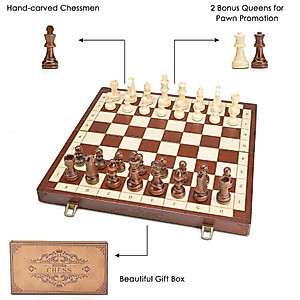 AMEROUS 15'' Wooden Chess Set with Upgraded Weighted Chess Pieces - 2 Extra Queen - Folding Board - Instructions - Gift Package - Chessmen Storage Slots, Classic Chess Board Game for Kids, Adults