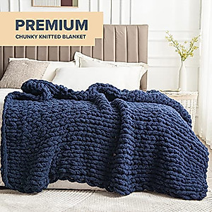 Chunky Knit Blanket Throw - 50"x60" 3.7 lbs. - Soft Chenille Yarn Knitted Blanket - Machine Washable Crochet Blanket - Handmade Cable Knit Throw Blanket for Couch, Bed (Navy Blue)
