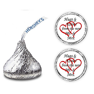 324 Hugs and Kisses from The new Mr. & Mrs. with Interlocking Hearts Wedding Stickers, Chocolate Drops Labels for Bridal Shower Engagement Party Decorations, Favors Decor for Kiss (Red)