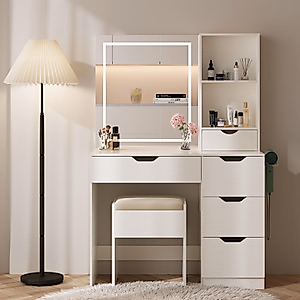 HUAHUU Vanity Desk with LED Lights Mirror & Power Outlet, 3 Lighting Colors Vanity Desk with 5 Drawers, Makeup Vanity Set and Cushioned Stool for Bedroom, White