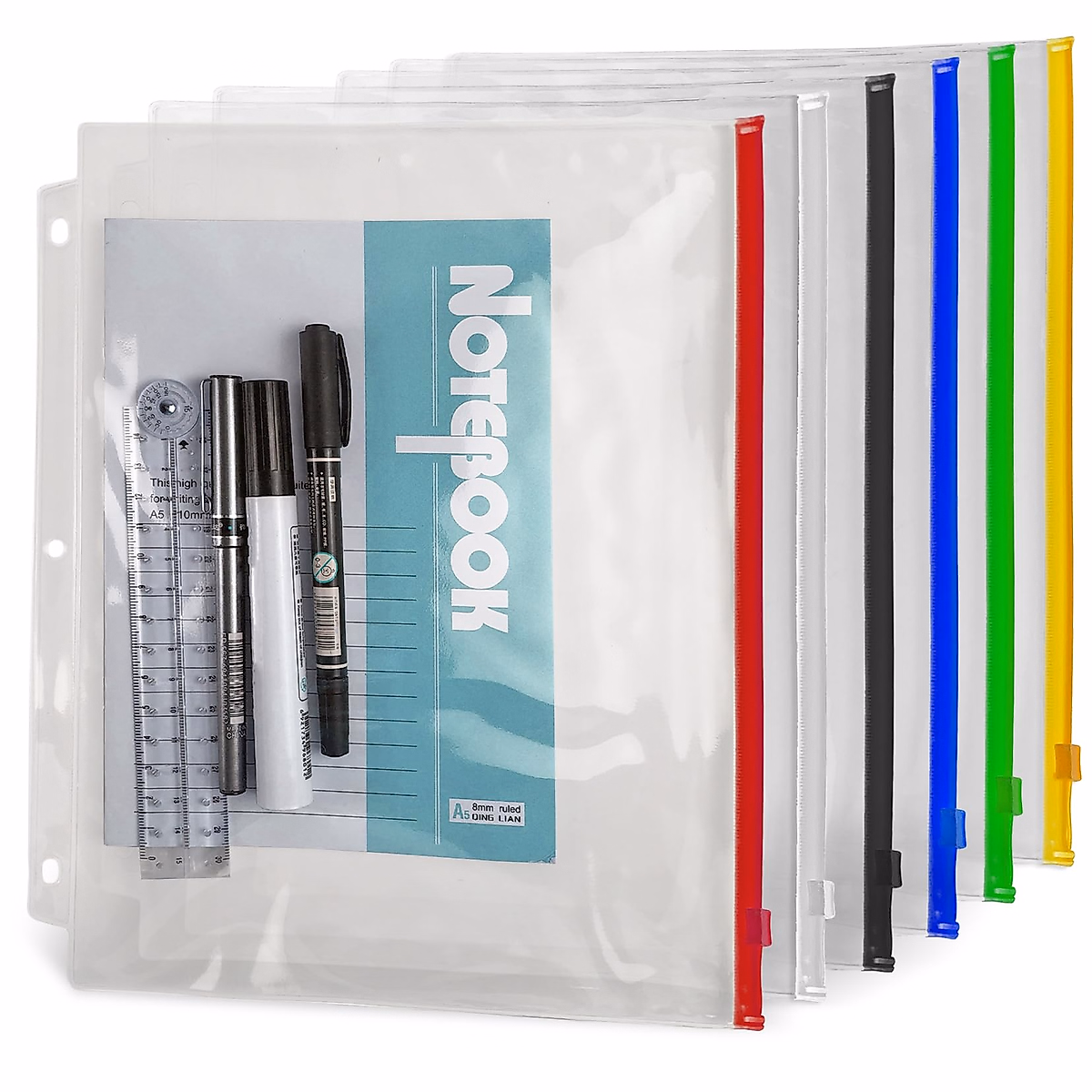 Binditek 40 Pack Plastic Zippered Binder Pockets, 3-Hole Punched for 3 Ring Binder, Clear PVC with Multicolor Zippers, Waterproof Loose Leaf Bag Pouch for Document Filing and Storage