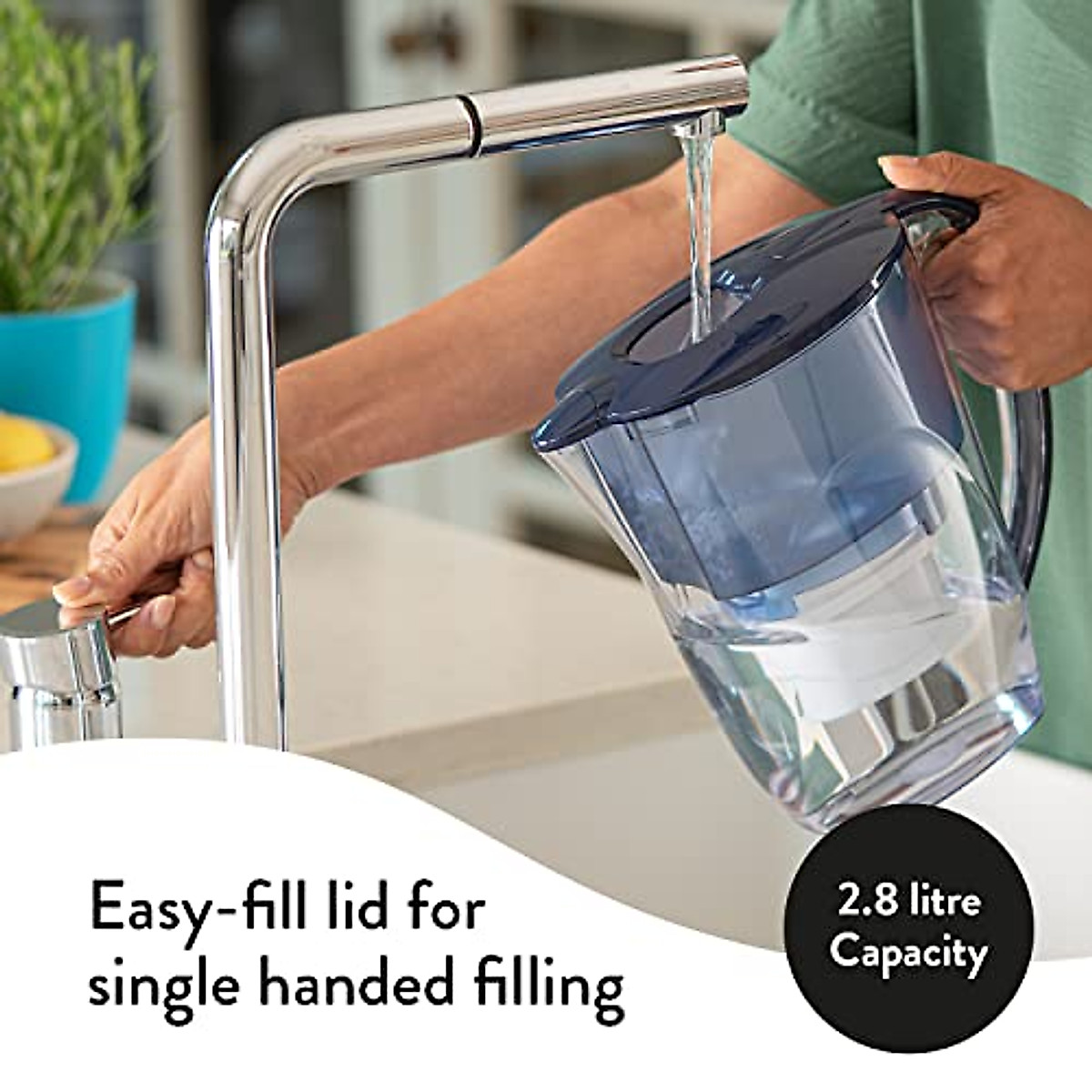 Aqua Optima Oria Water Filter Jug & 6 x 30 Day Evolve+ Filter Cartridge, 2.8 Litre Capacity, for Reduction of Microplastics, Chlorine, Limescale and Impurities, Blue