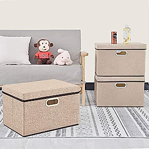 Foldable Fabric Storage Bins with Lids [3-Pack]with Removable Lid and Handles Fashionable Decorative Collapsible Linen Organizer Box Used For Clothes Toys Books CDS Home Closet Bedroom Office
