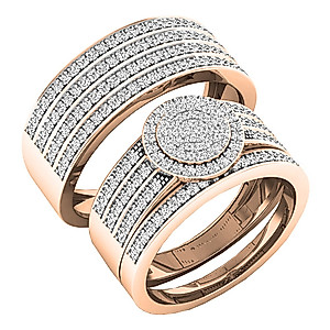 Dazzlingrock Collection 0.80 Carat (ctw) 10K Round White Diamond Men & Women's Engagement Ring Trio Set 3/4 CT, Rose Gold