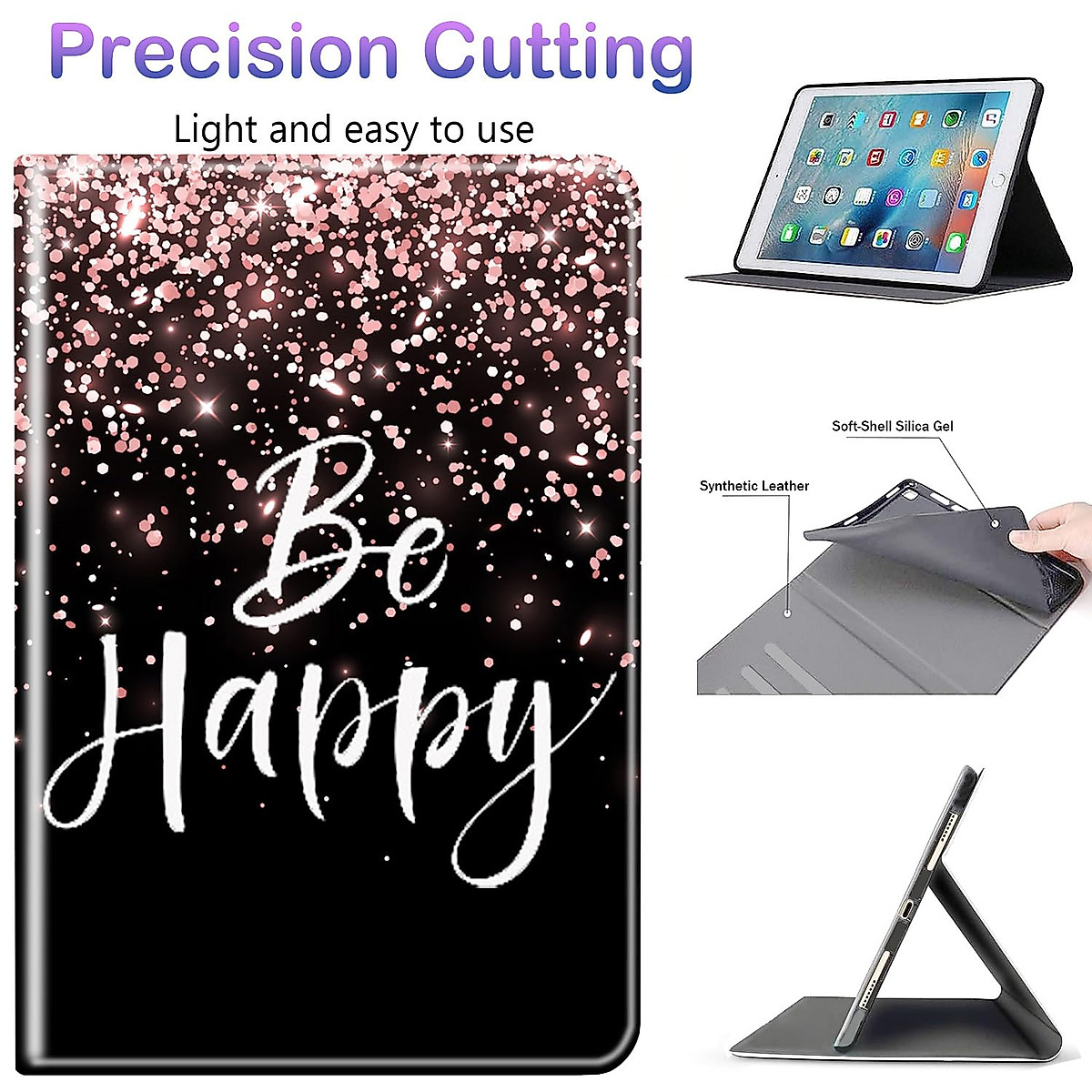 Case for Samsung Galaxy Tab S8 Plus 2022/ Tab S7 FE 5G 2021/ Tab S7 Plus 2020 Tablet 12.4-inch, Multi-Angle Bracket with Automatic Sleep/Wake Protection Case - Rose Gold Glitter Black Be Happy