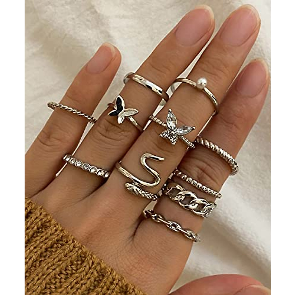 iF YOU 30 Pcs Vintage Knuckle Rings Set, Boho Butterfly Snake Stackable Finger Rings for Women, Silver Midi Rings Pack
