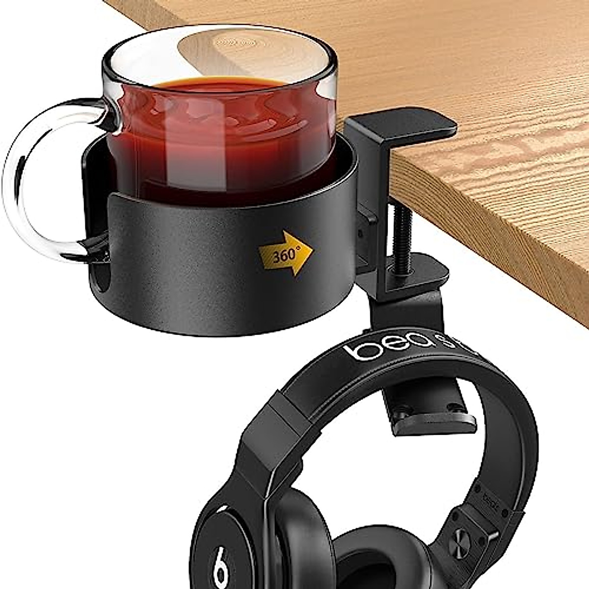 3.94'' Large Desk Cup Holder, 360° Rotating Metal Cup Holder & Under Desk Headphone Stand, Gaming Desk Anti-Spill Cup Holder Clamp for Table or Chair, Coffee Mugs, Bottles, Headset Hook