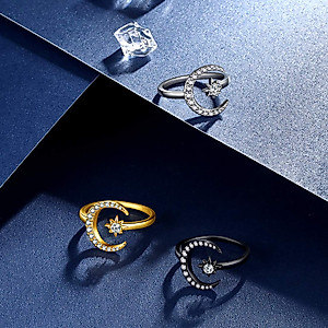 beautlace Star and Moon Adjustable Rings Black Gun Plated Crescent Moon Stars Open Ring Jewelry for Women KR0032K