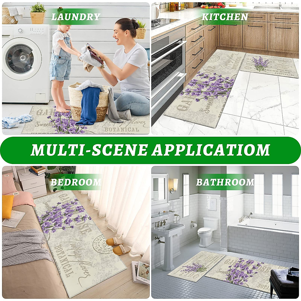 Purple Lavender Flowers Kitchen Mats for Floor Cushioned Anti Fatigue 2 Piece Set Kitchen Runner Rugs Non Skid Washable Vintage Postcard Rustic Wood