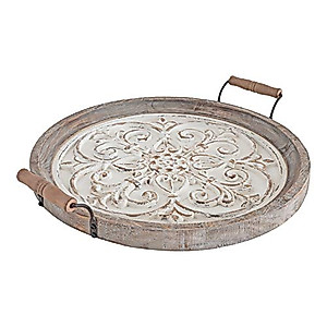 Kate and Laurel Hillrose Round Wooden Tray, 18 inch Diameter, Rustic Brown and White, Decorative Tray for Serving, Display, and Storage