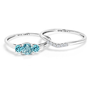 10K White Gold Blue Zircon and Swiss Blue Topaz and White Lab Grown Diamond 3-Stone Bridal Engagement Wedding Ring Set For Women (1.22 Cttw, Gemstone, Round 5MM, Available in Size 5,6,7,8,9)