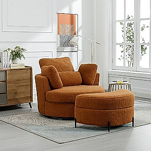 360° Swivel Accent Barrel Chair and Half Crescent Moon Storage Bench Large Ottoman with 4 Pillows,Upholstered Oversized Leisure Round Loveseat Recliner Sofa Chaise Lounge Circle Armchair for Club