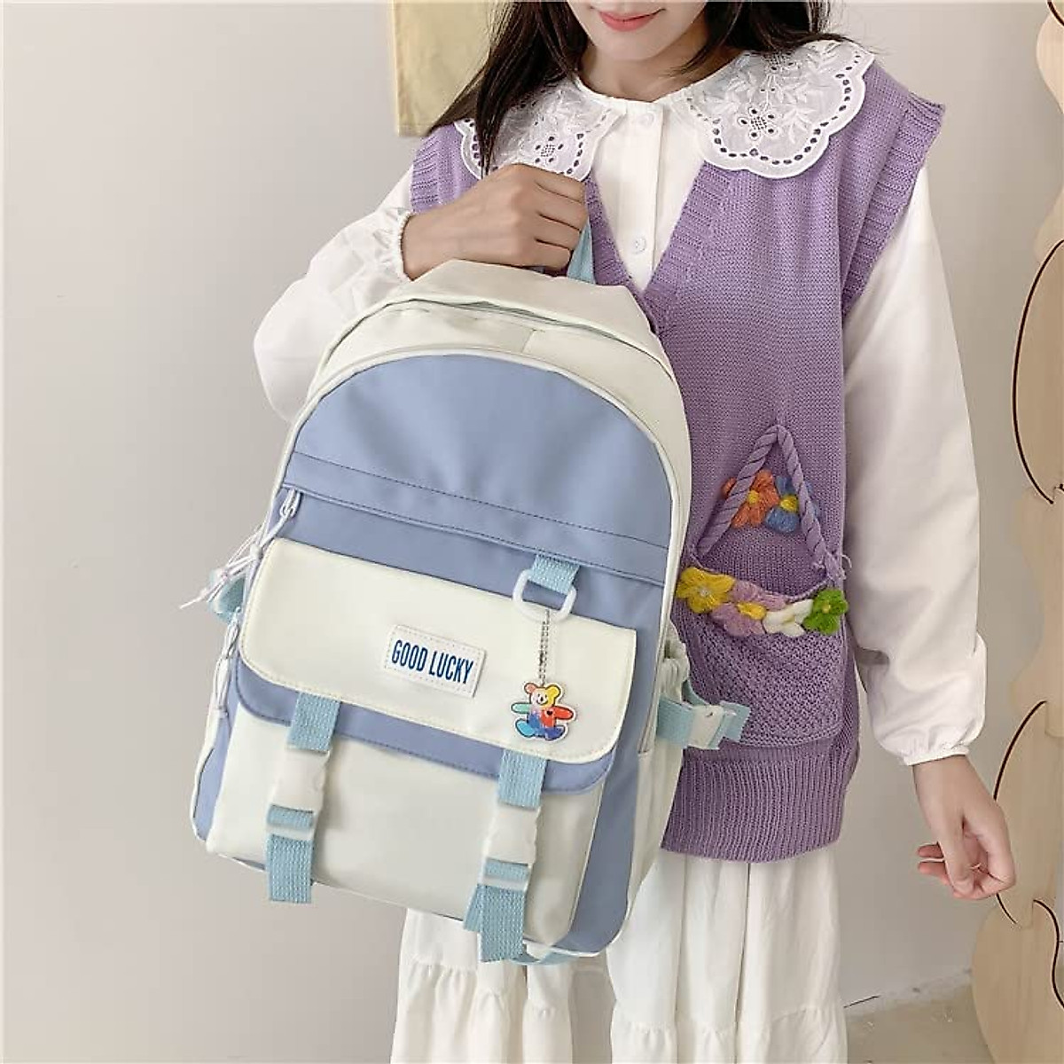 FORJMMP Aesthetic Backpack with Kawaii Accessories, Lightweight Casual Daypack for Women (White+Blue)