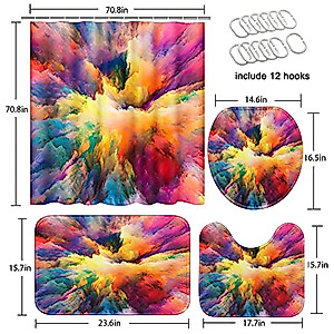 ArtSocket 4 Pcs Shower Curtain Set Yellow Red Teal Colorful Modern Abstract Paintingwith Non-Slip Rugs Toilet Lid Cover and Bath Mat Bathroom Decor Set 72" x 72"