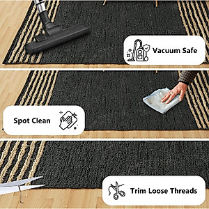 GRUHUM Jute Area Rug 4x6 ft Black Natural Leather Handmade Boho Farmhouse Rustic Vintage Eco Friendly Soft Braided Rug for Indoor Kitchen Bedroom Living Room Hallways Enterways 4'x6' ft Rectangle