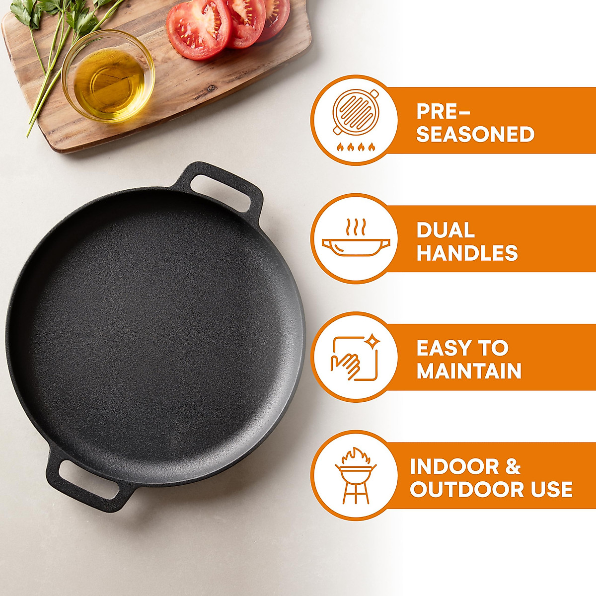 Bruntmor 12-Inch Pre-Seasoned Cast Iron Skillet Pan - Pizza Pan with Dual Large Loop Handles - Ideal as Camping Skillet and Fry Pan - Oven Safe and Electric Stovetop Compatible - Black