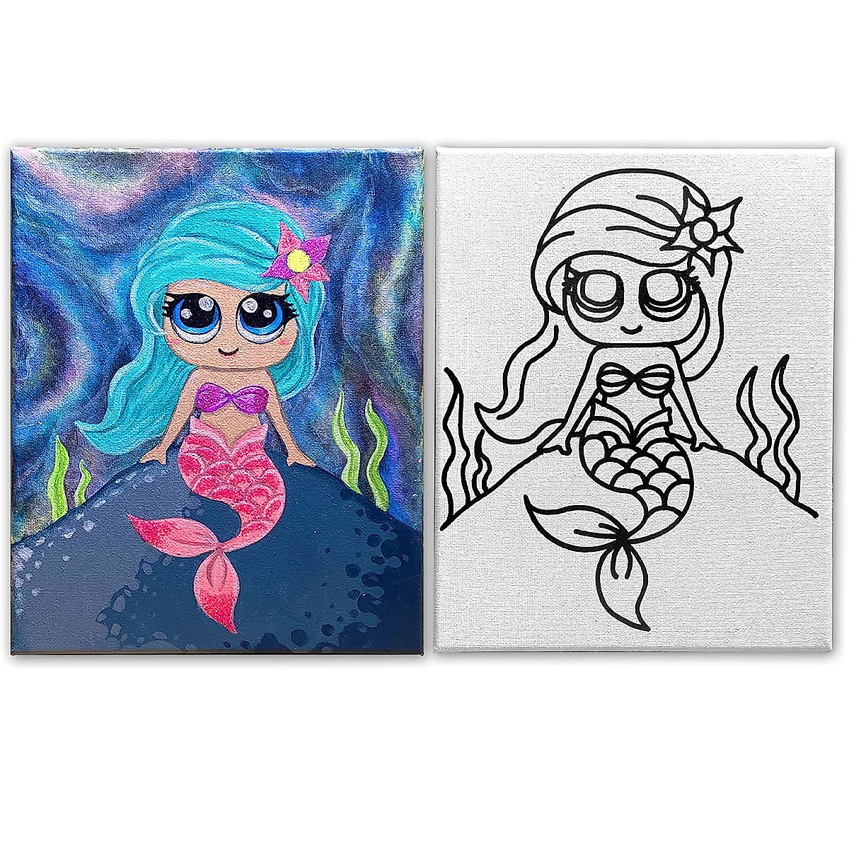 INDIGO ART STUDIO Pre Drawn Canvas Painting for Kids | Stretched & Stenciled | Art Activity Summer Camps | Custom Mermaid Theme Coloring | DIY Birthday Gift & Paint with Twist Party Favor | 8x10