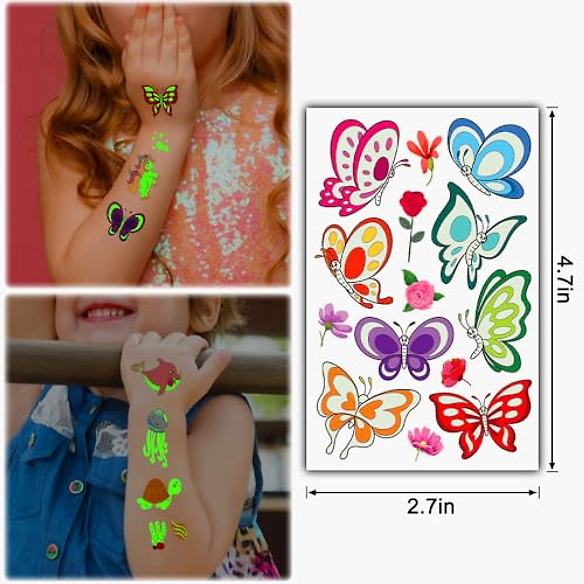 JCFIRE 35 Sheets Luminous Temporary Tattoo Kids, Mixed Styles Glow in Dark Party Favors, Kids Tattoos Stickers for Boys and Girls, Dinosaur Pirate Mermaid Animals Party Supplies Gifts for Children