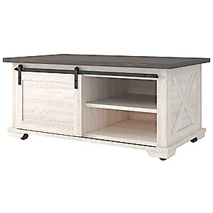 Signature Design by Ashley Dorrinson Farmhouse Coffee Table, Antique White & Brown & Dorrinson Square Chair Side End Table with Lower Fixed Shelf and USB Charging Port, Antique White & Brown