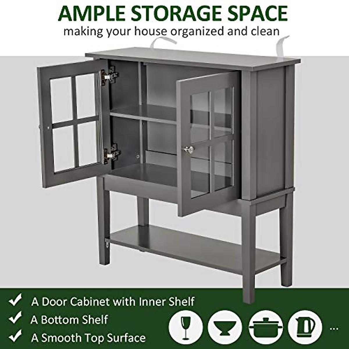 HOMCOM Coffee Bar Cabinet, Modern Sideboard Buffet Cabinet, Kitchen Cabinet with 2 Glass Doors, Adjustable Inner Shelving and Bottom Shelf, Grey