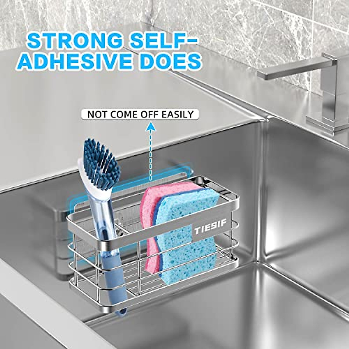 TIESIF 3 in 1 Sponge Holder for Kitchen Sink,Stainless Steel SUS304,Sink Caddy Kitchen Sink Organizer,Adhesive Sink Brush Holder Rust Proof Water Proof No Drilling