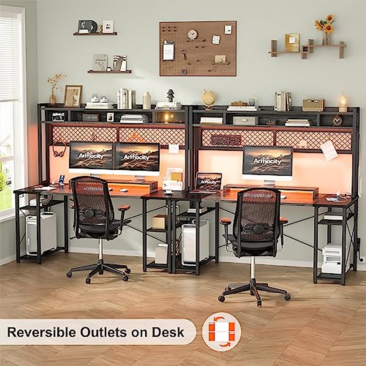armocity 2024 Upgrade Gaming Desk with Hutch, 55.2'' Magic Computer Desk with LED and Outlets, Reversible Workstation Desk with Pegboard, Grey/Black