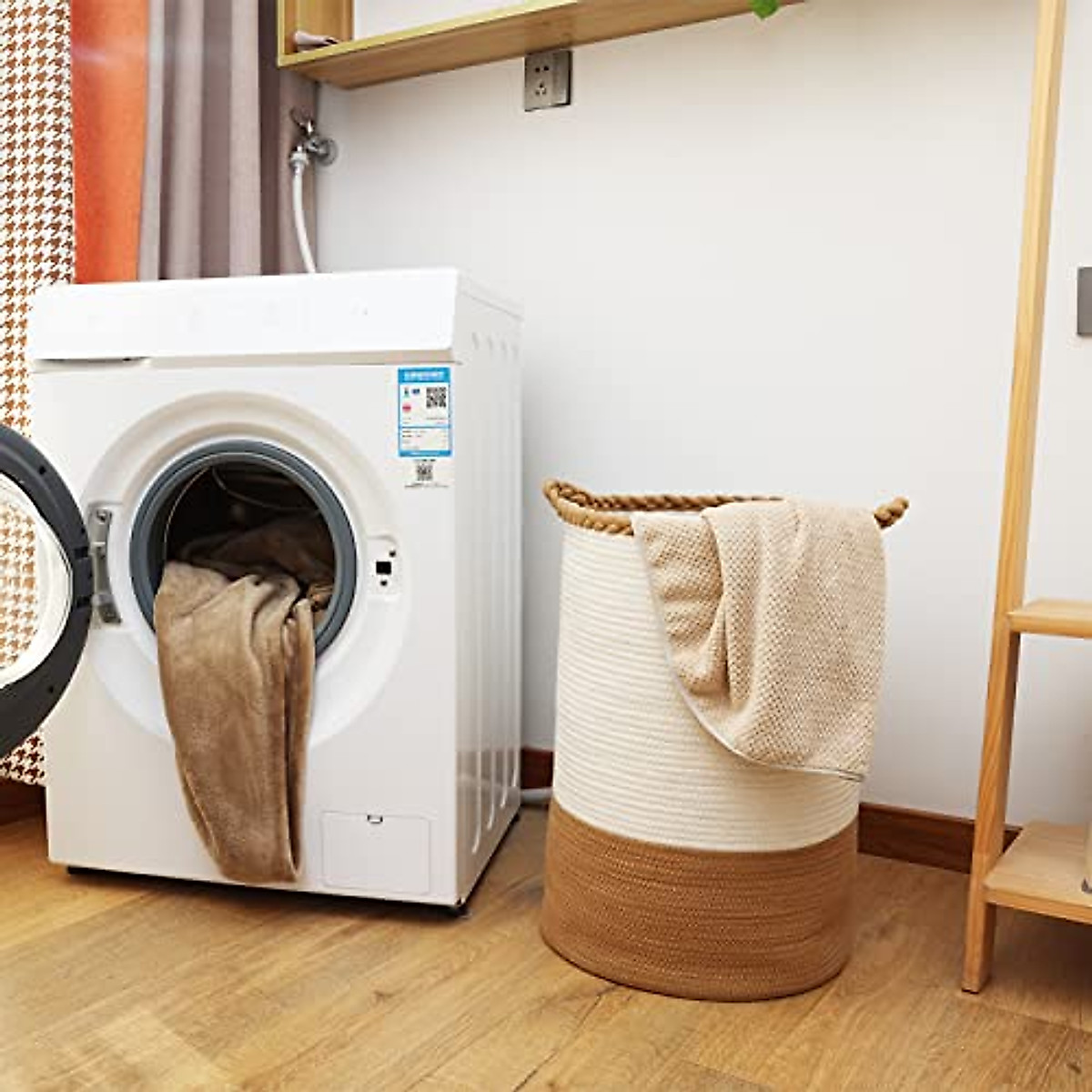 Homlikelan 72L Woven Laundry Basket,Tall Wicker Laundry Basket for Blankets,Clothes,Pillows,Toys,Shoes Large Cotton Laundry Hamper for Bedroom Living Room Bathroom Nursery White Brown