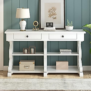 Rockjame Console Table, Retro Wood Sideboard with Ample Storage, Classic Accent Entryway Table with 2 Drawers and Open Adjustable Shelves for Entrance Dinning Room Living Room (Antique White)