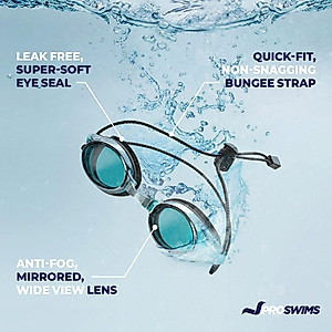 Proswims Anti-Fog Racing Swimming Goggles Blue Lens with Quick Adjustable Elastic Bungee Strap, Hard Case and Bonus Swim Goggles Microfiber Cleaning Cloth