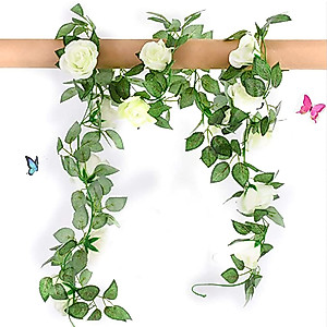 LNHOMY Lannu 2PCS 15 FT Artificial Rose Vine Garland Flowers Fake Flower Plants for Wedding Home Garden Party Hotel Decor, (Cream)