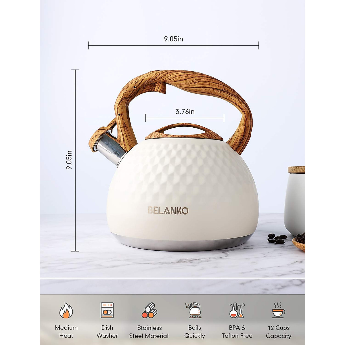 Tea Kettle, 2.7 Quart / 3 Liter BELANKO Stainless Steel Kettles for Stove Top, Food Grade Teapot with Wood Pattern Handle Loud Whistling for Coffee, Milk etc, Gas Electric Applicable - Milk White
