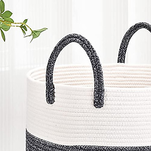 BOSROTY Extra Large Blanket Basket, Tall Laundry Basket, Laundry Hamper, Large Storage Basket, 15.7”x 19.7”, Cotton Rope Basket, Woven Basket, Toy Basket, Clothes Baskets, White & Black