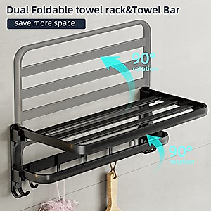 KAHANG Foldable 24 Inch Towel Rack for Bathroom with Sturdy Hooks - Save Space & Keep Towels Clean and Tidy Matte Black
