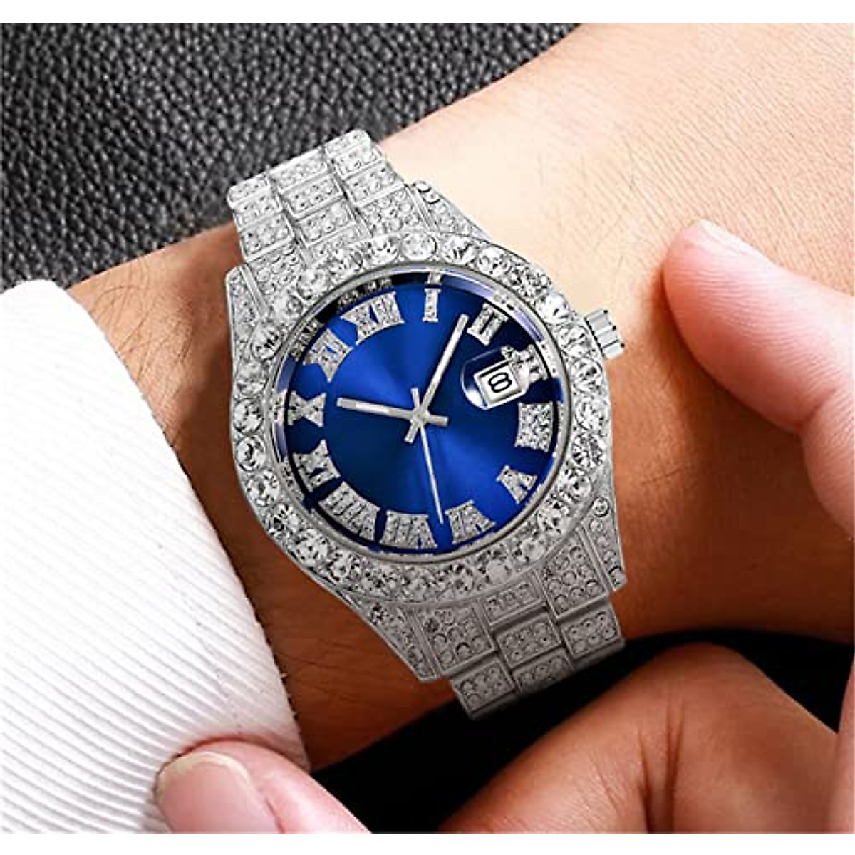 Hip Hop Iced Out Men's Rhinestone Watch Diamond Analog Quartz Watch (Blue)