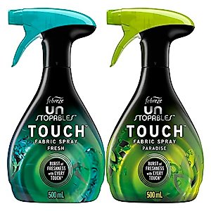 Febreze Fabric Spray, Unstopables Touch Fabric Refresher Spray, Odor Fighter for Strong Odor, Fresh & Paradise, 16.9 Oz (2 Count)