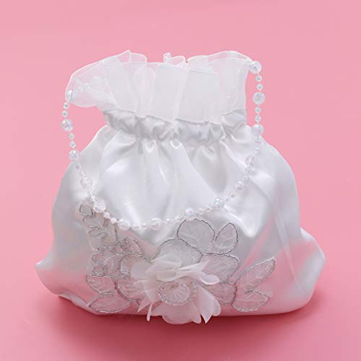 DOITOOL Satin Bridal Wedding Money Bag White Bridal Wedding Bag Satin Flower Decorated Dolly Bag Bridal Purse Handbag for Wedding