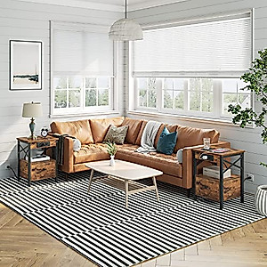 HOOBRO Nightstands Set of 2 with Charging Station, End Table with Drawer, USB Ports and Power Outlets, Farmhouse Nightstand Sofa Table for Bedroom, Space Saving, Rustic Brown and Black BF128UBZP201G1