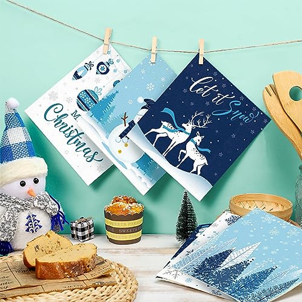 6 Pcs Christmas Swedish Kitchen Dishcloths White Blue Xmas Tree Snowflake Snowman Reindeer Dish Towel Reusable Fast Dry Kitchen Dishcloth for Christmas Winter Baking Cooking, 6.9 x 7.5 Inch