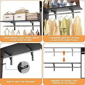 Armocity 96'' Closet System, 8FT Walk In Closet Organizer with 3 Shelving Towers, Heavy Duty Bedroom Wardrobe with 5 Shelves, Wall Mounted Clothes Rack (Can Be Cut To Fit), 96"L x 16"W x 75"H, Black