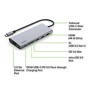 Belkin 7-in-1 USB-C Hub, Multiport Adapter Dongle with 4K 60Hz HDMI, 100W Power Delivery, 2.5Gb, 2 USB A Ports, SD and MicroSD Slot for MacBook Pro 14 and 16, iPad Pro 12.9 & 11, XPS, Surface and More