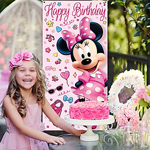 36x72inch Cute Cartoon Mouse Door Cover Banner Kids Hot Pink Mouse Birthday Party Porch Sign Decor Girls Happy Birthday Party Gift Supplies Decorations