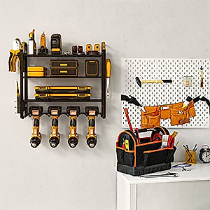 Kcysta Power Tool Organizer, 4 Tier Power Tool Organizer Wall Mount, Heavy Duty Tool Organizers with Drill Holder, Tool Rack Tool Holder Storage Tool Shelf, Black