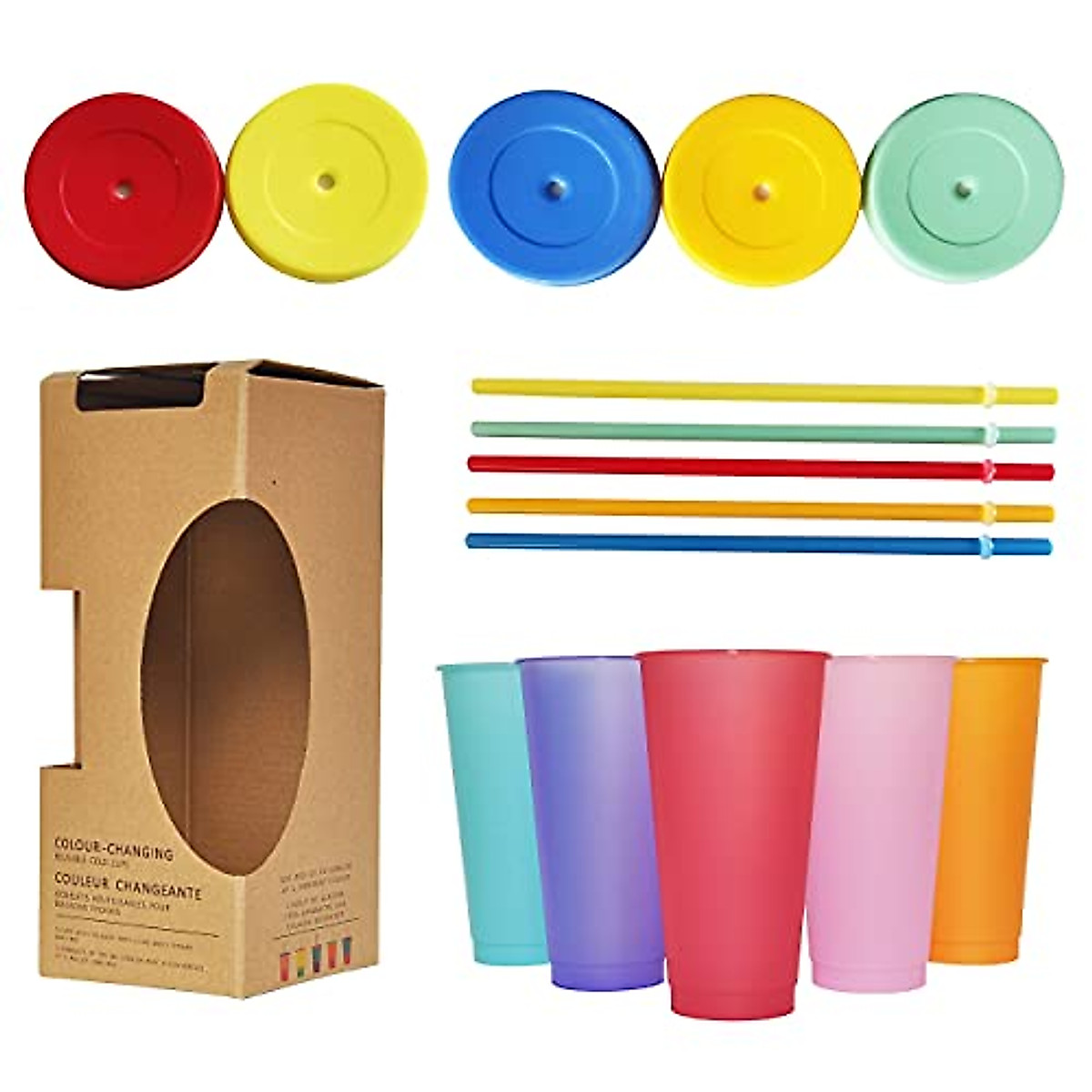 Alohastarttg 5pcs 24oz Color Changing cups Reusable Plastic Drinking cup tumbler with lid and straw Stadium cup Can be used for Summer parties and Gift cups, set of5